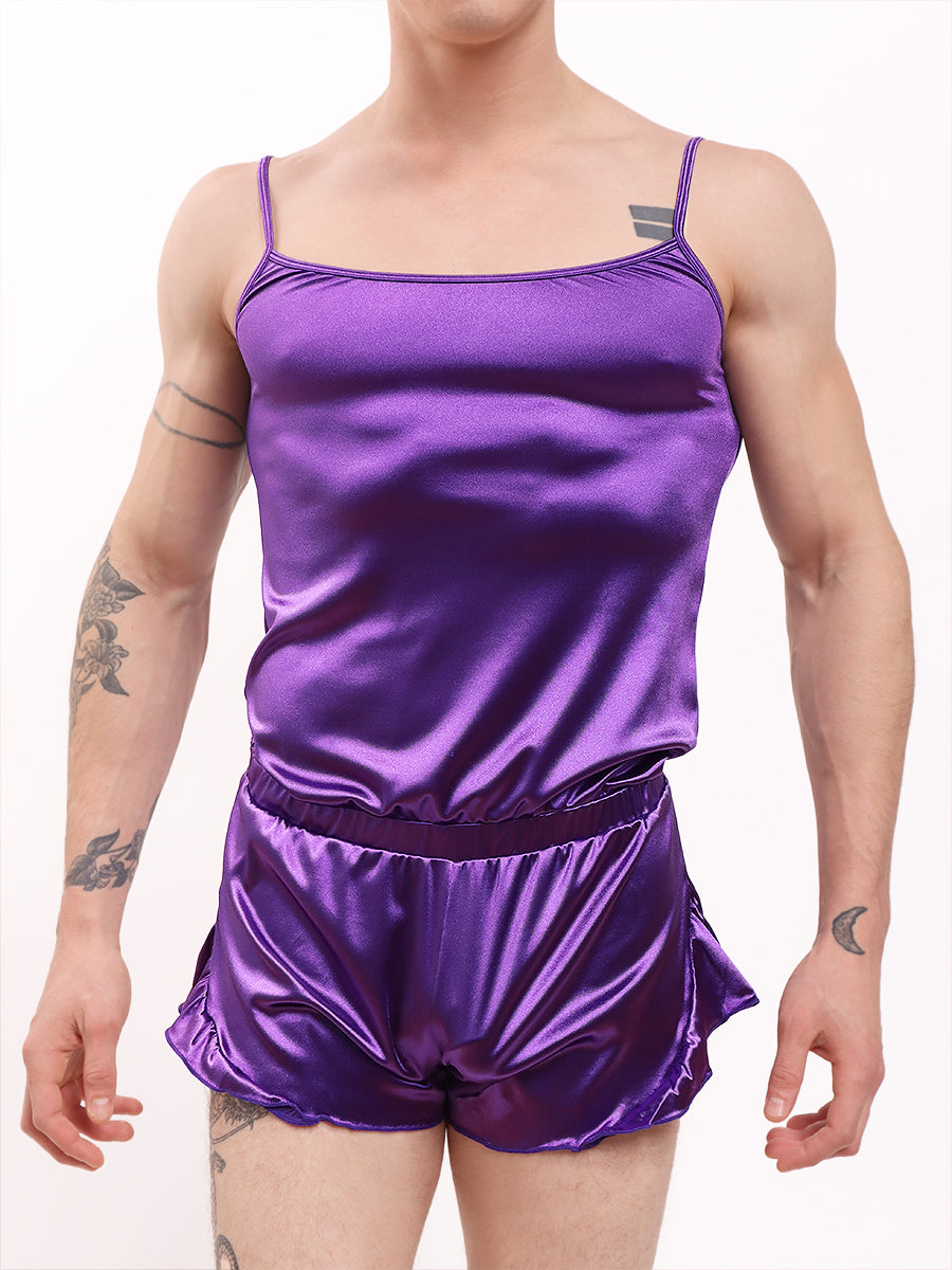 Men's Purple Cami Satin Romper - Satin Lingerie For Men - XDress UK
